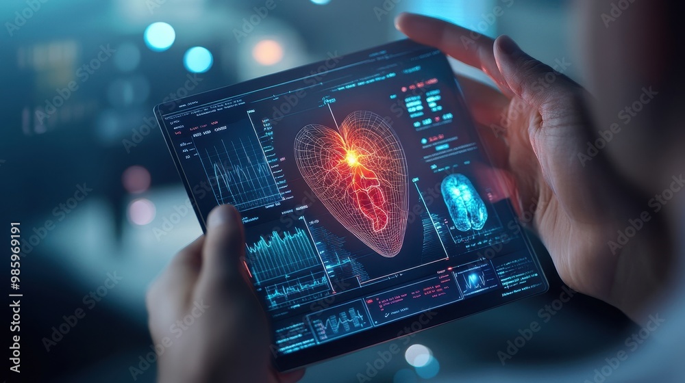 Futuristic health dashboard showing vital signs alongside financial ...