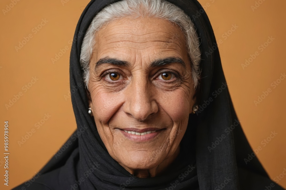 Full Framed Very Close Face Portrait Of A Smiling Senior Arabic Non Binary With Amber Eyes