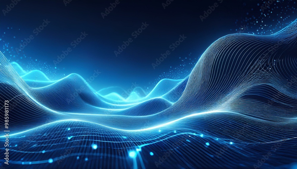 Abstract blue tech background with digital waves, dynamic network system, artificial neural ...