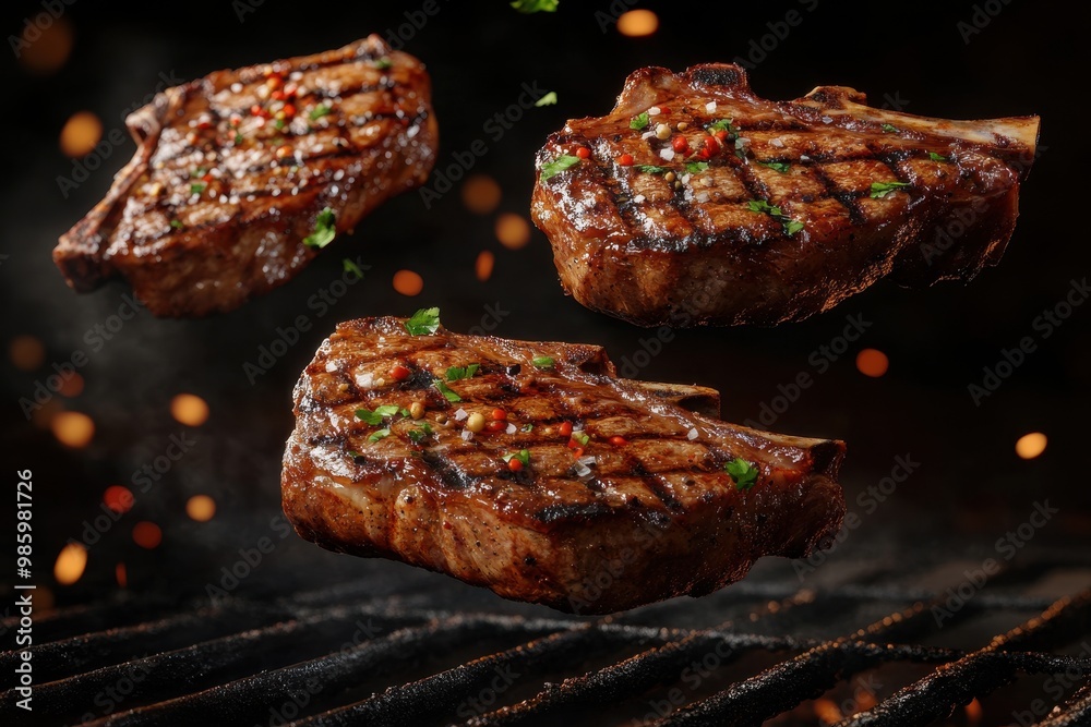 3D flying brisket grilled meat assortment ultra realistic food ...