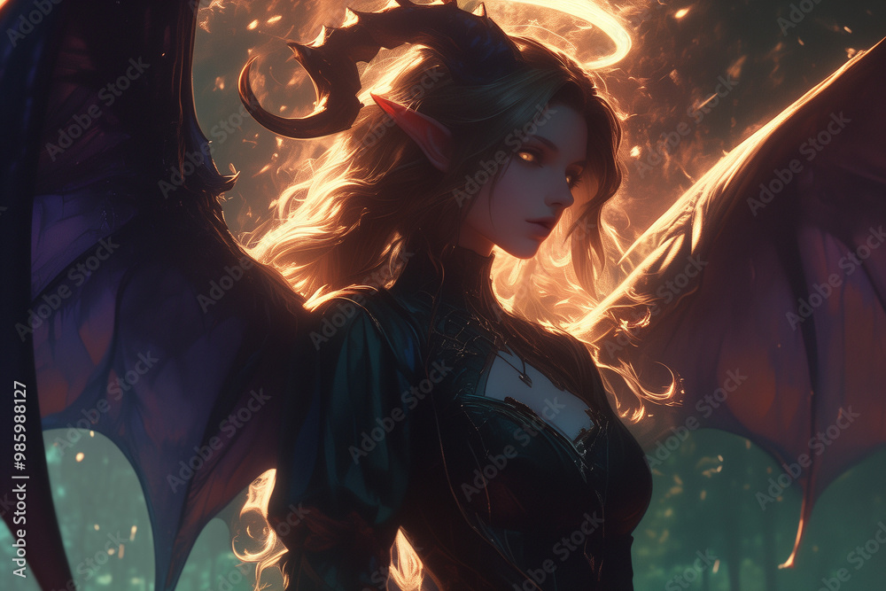 female angelic succubus with demonic horns and dark wings illuminated ...