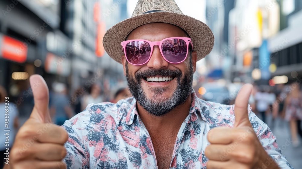 A cheerful individual clad in a floral shirt raises both thumbs up ...