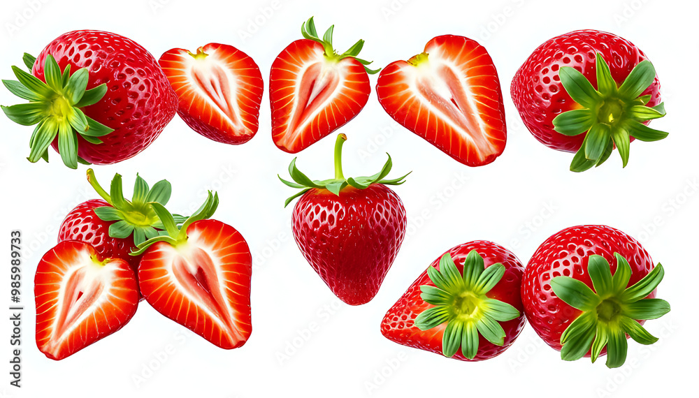 Sliced and halved strawberries from multiple angles and views—side, top ...