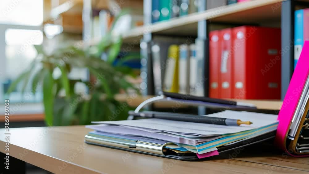 A vibrant office workspace features a wooden desk with colorful binders ...