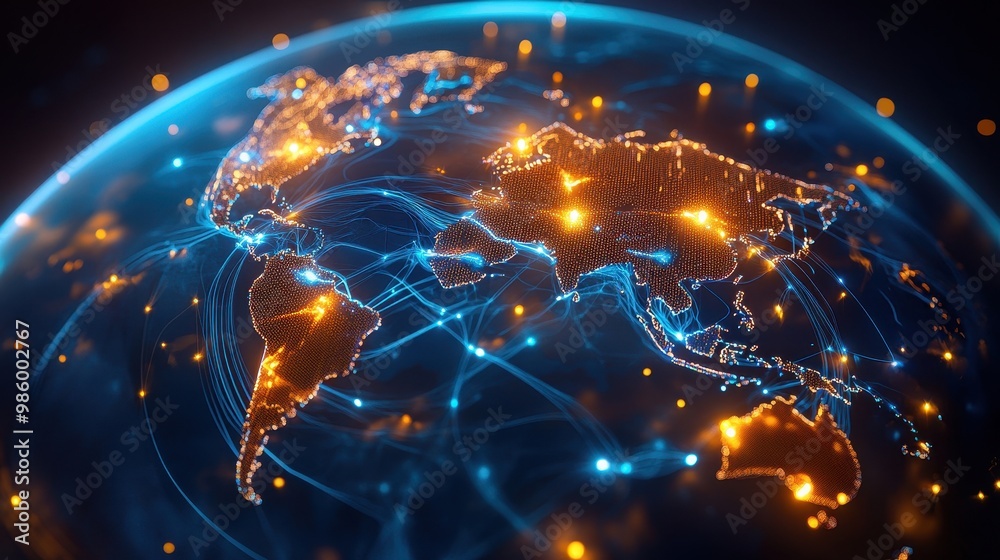 World map divided into economic regions, connected by digital trade ...