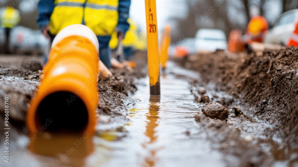 Workers in safety gear are positioned at a muddy worksite, installing ...