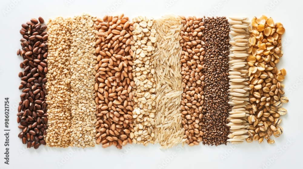 An assortment of single-grain types such as brown rice, wheat berries ...