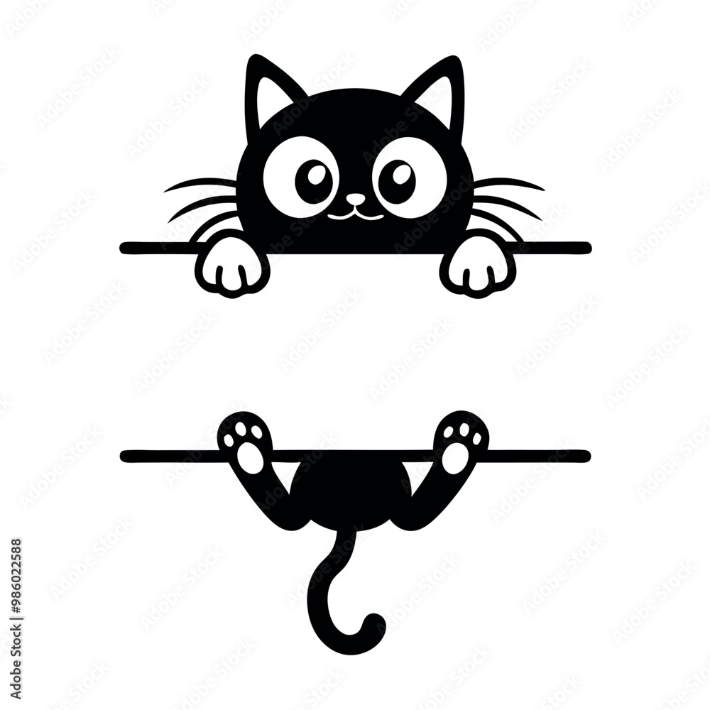 a black and white illustration of a cat hanging upside down on a ...