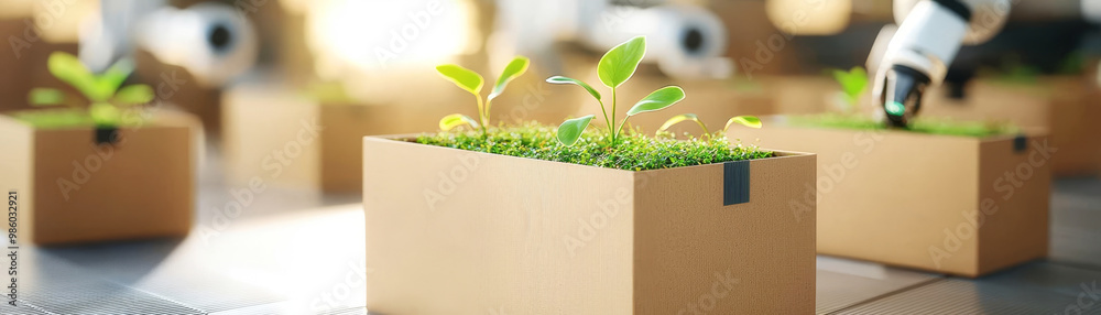 Biodegradable cardboard boxes with plants sprouting, organized by ...