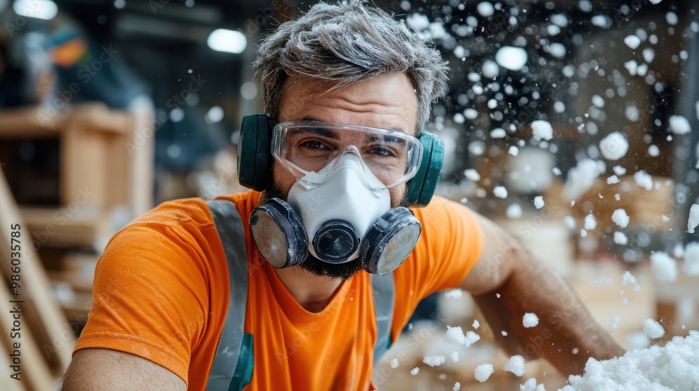 An indoor worker wearing an orange outfit and ear protection focuses on ...