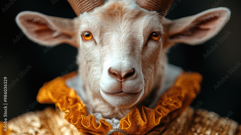 Majestic depiction of a goat with prominent horns, dressed in a ...