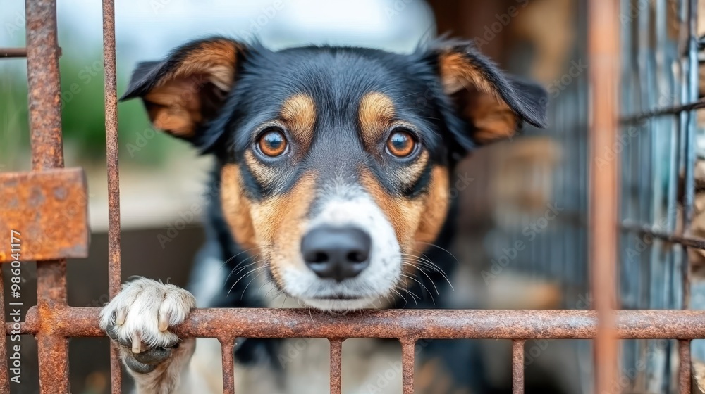 A dog standing behind a rusty gate, with its paws gripping the bars ...