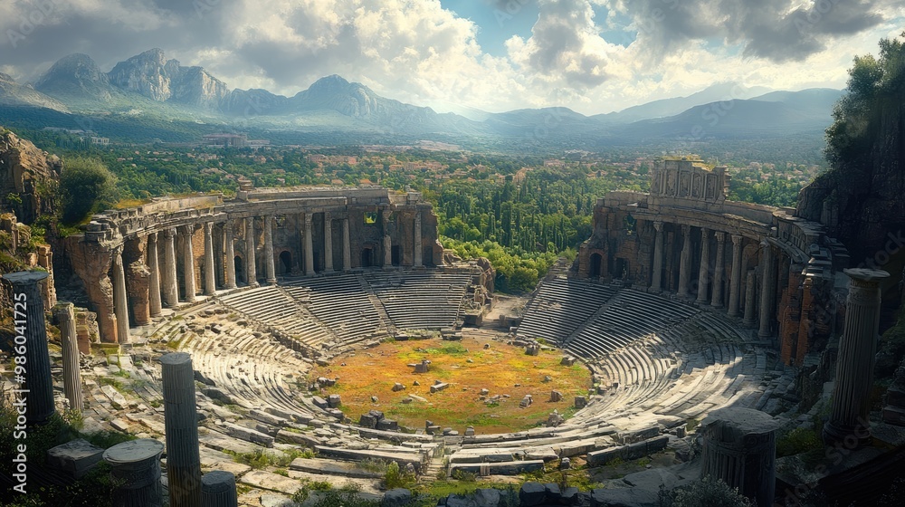 A historic amphitheatre surrounded by ancient ruins, with broken ...
