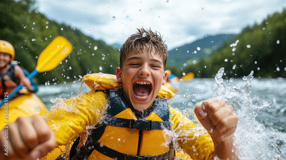 A young boy in a yellow life jacket jubilantly enjoys a thrilling river ...