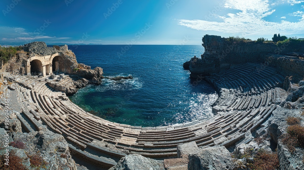 A panoramic view of an amphitheatre located on a cliffside, with the ...