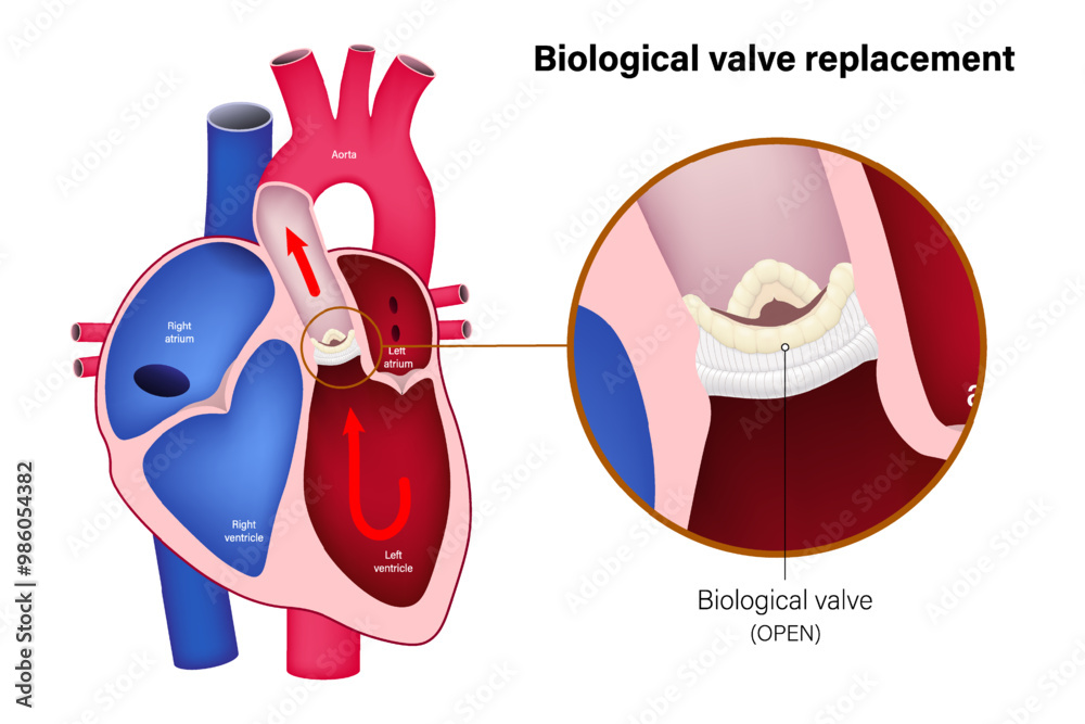 Aortic valve replacement with biological valve. Close up of open ...