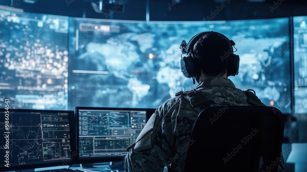 Military personnel monitors data in a high-tech command center with ...