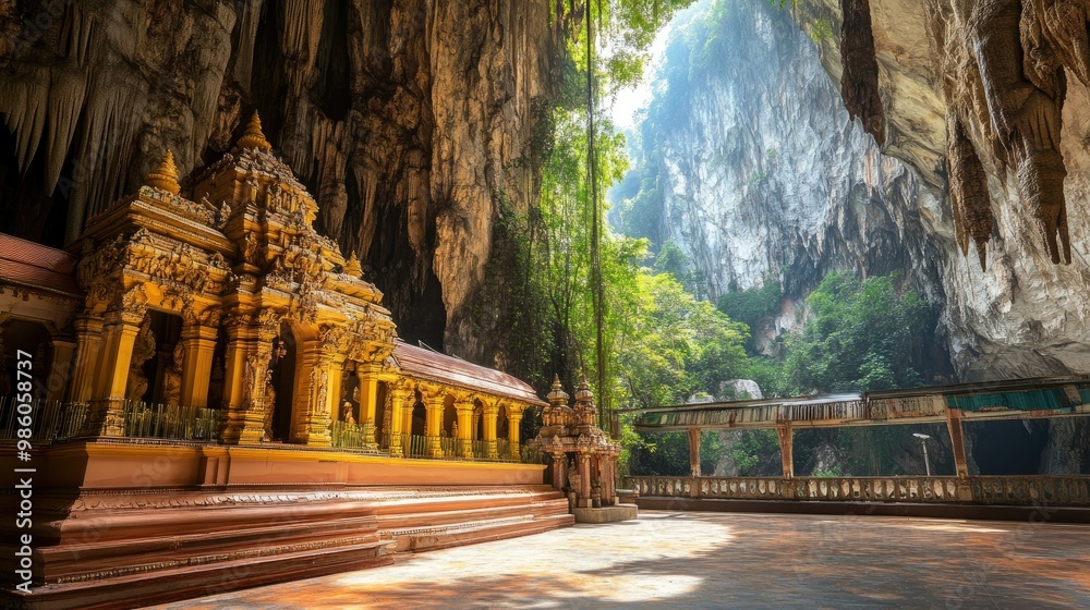 Majestic limestone caves inside Batu Caves with empty shrines, the ...
