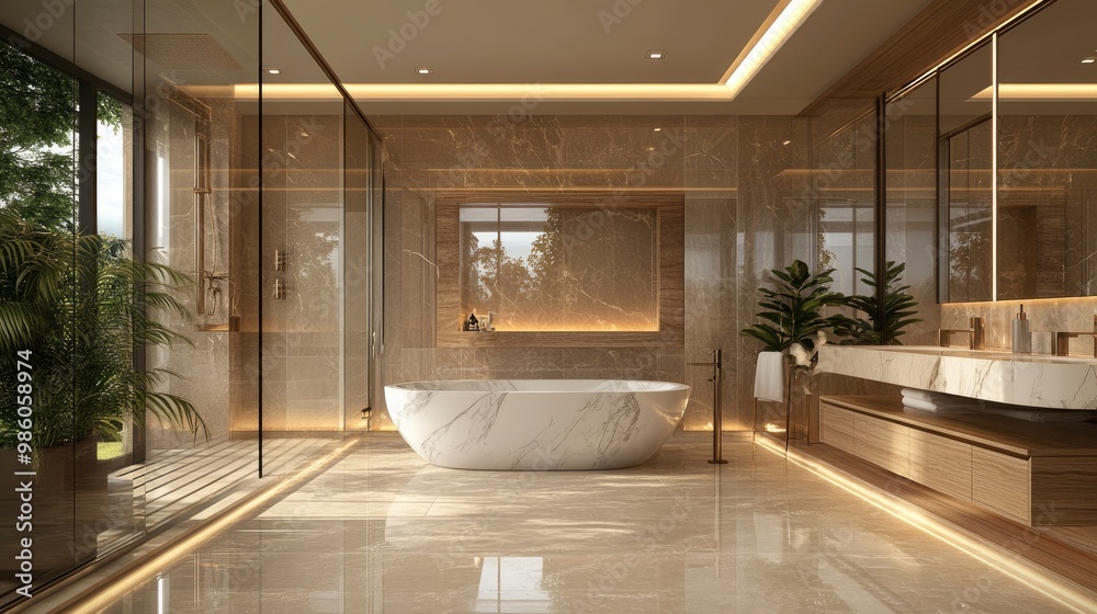 Stunning luxury bathroom with a marble tub, walk-in shower, and modern ...
