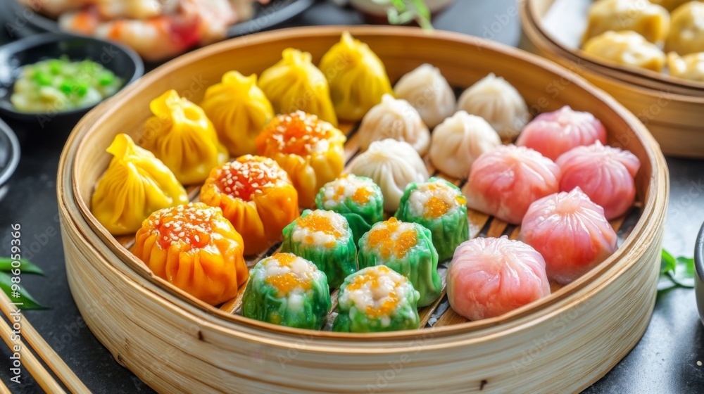 A colorful assortment of dim sum dishes, including vibrant siu mai and ...