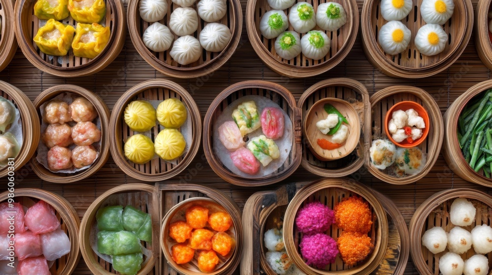 A colorful assortment of dim sum dishes, including vibrant siu mai and ...