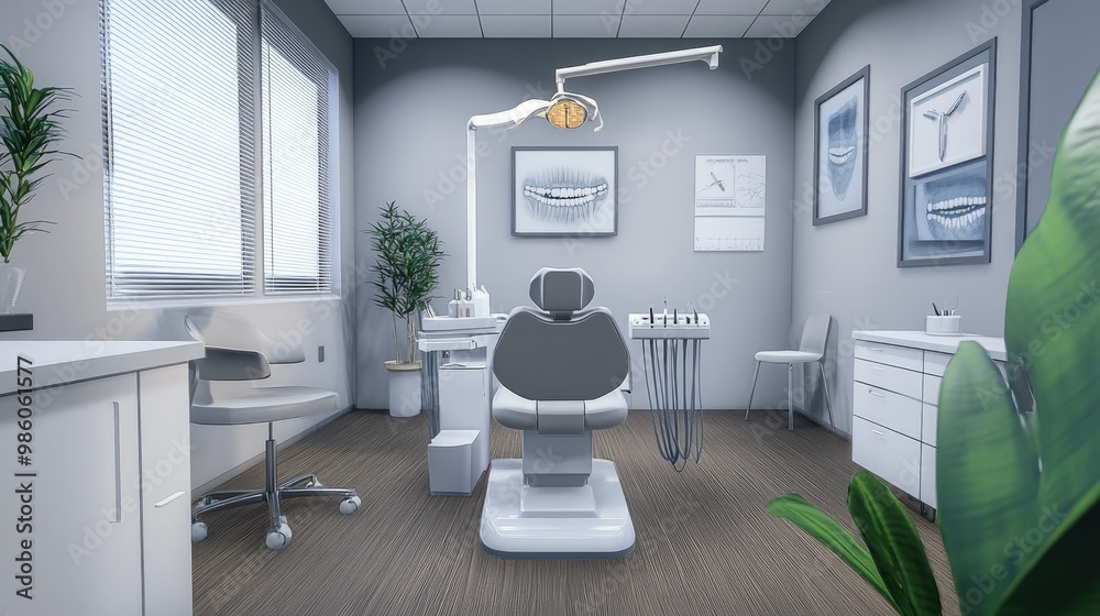 Dentist office featuring a state-of-the-art dentist's chair, dental tools, and sleek design ...