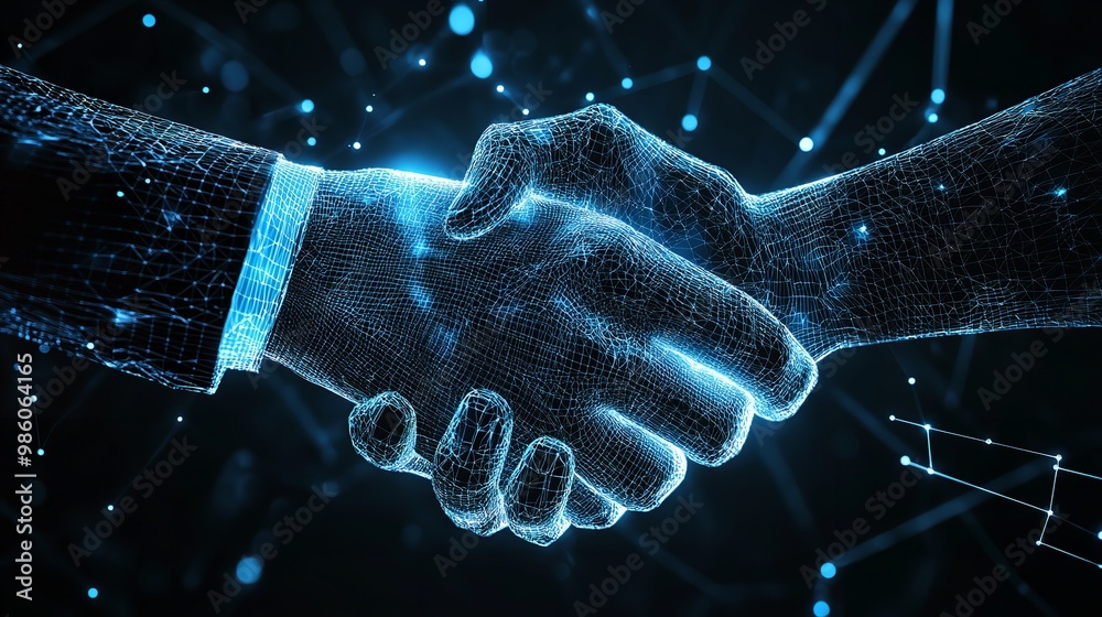 Abstract low poly agreement handshake. isolated on blue dark background ...