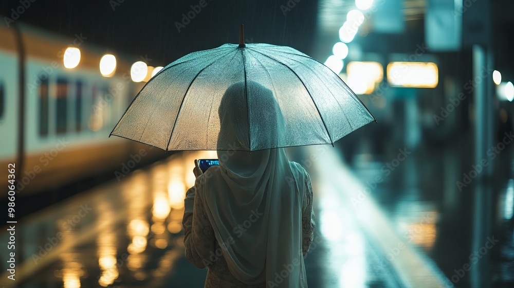 Muslim Woman with Hijab Holding Umbrella at Train Station After Rain ...