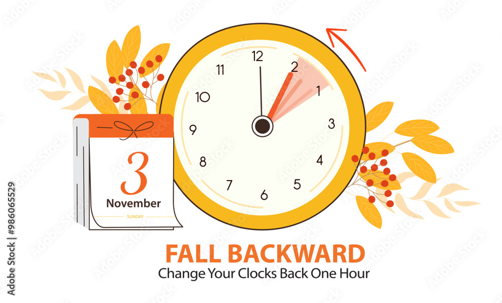 Fall Backward banner reminder showing turning clock back one hour and ...