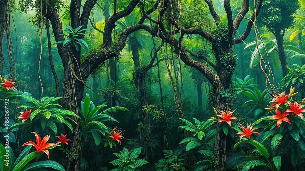 Dense jungle landscape of towering trees, vines, and exotic flowers in ...