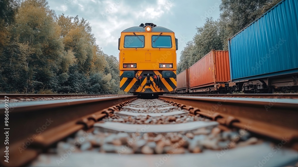 A yellow freight locomotive with black warning stripes is seen from a ...