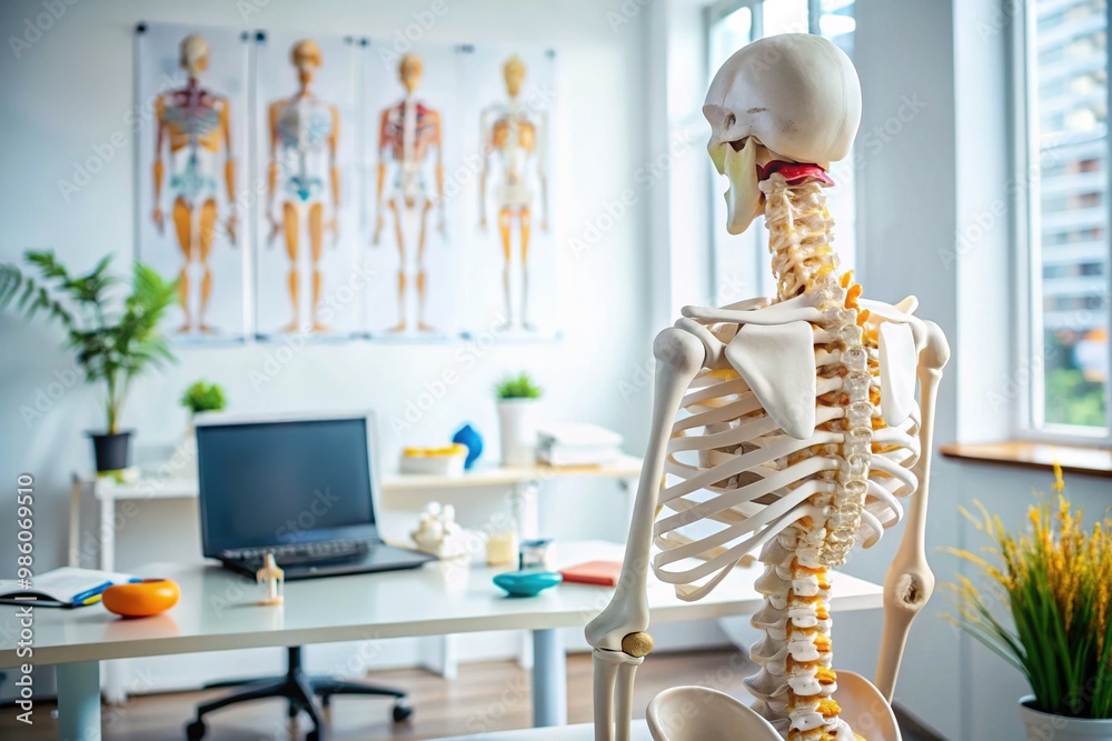 Human cervical spine bones intersect in a medical office background, featuring the complex ...