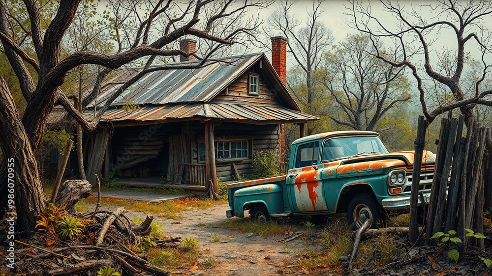 Rustic, ramshackle cabin surrounded by overgrown vegetation and gnarled ...