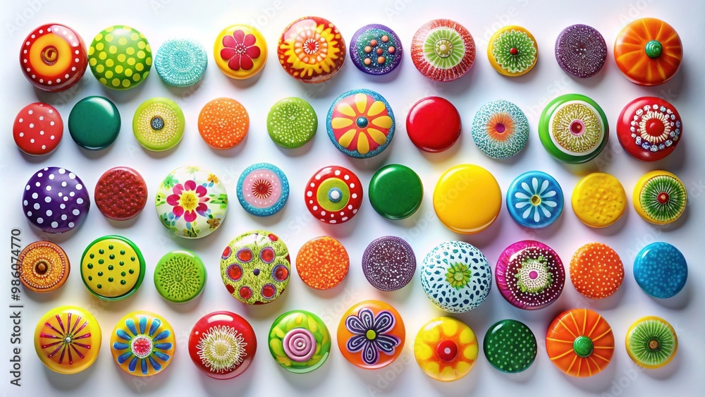 Vibrant circular fridge magnets create a stunning display on a crisp ...