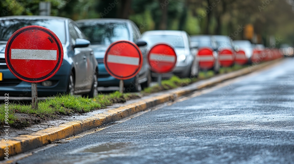 Row of red and white no entry signs on a wet asphalt road with cars ...