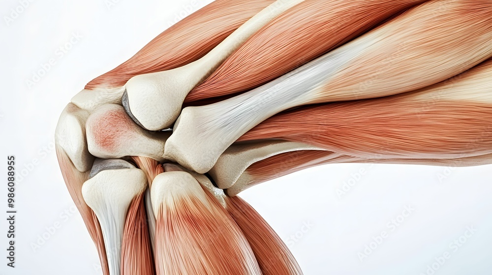 Close-up 3D illustration of a human knee joint showing bones, muscles ...