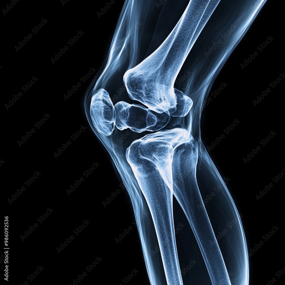 Close-up X-ray image of a human knee joint showing clear bone structure ...