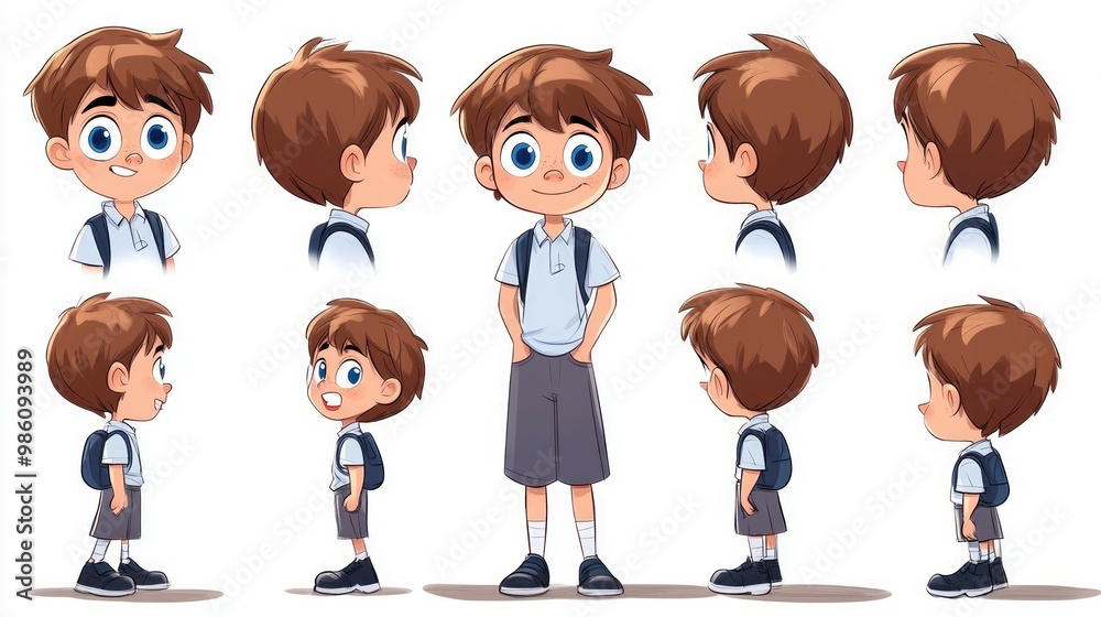 cartoon, brown haired boy, 5 years old, blue eyes, blue school uniform ...