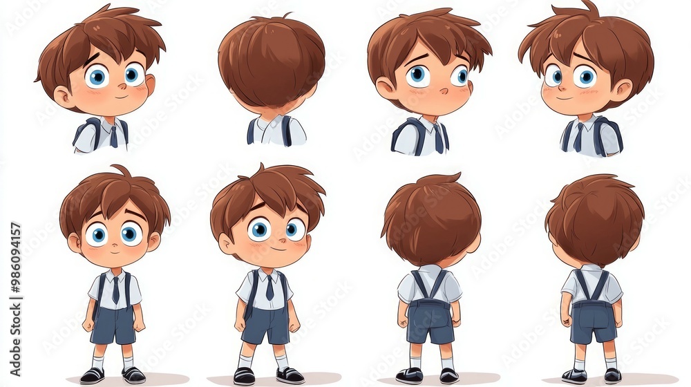 cartoon, brown haired boy, 5 years old, blue eyes, blue school uniform ...