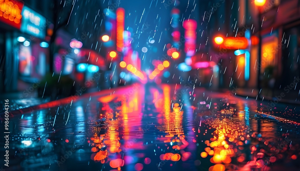 Vibrant urban nightlife with flickering neon signs reflecting on rain ...