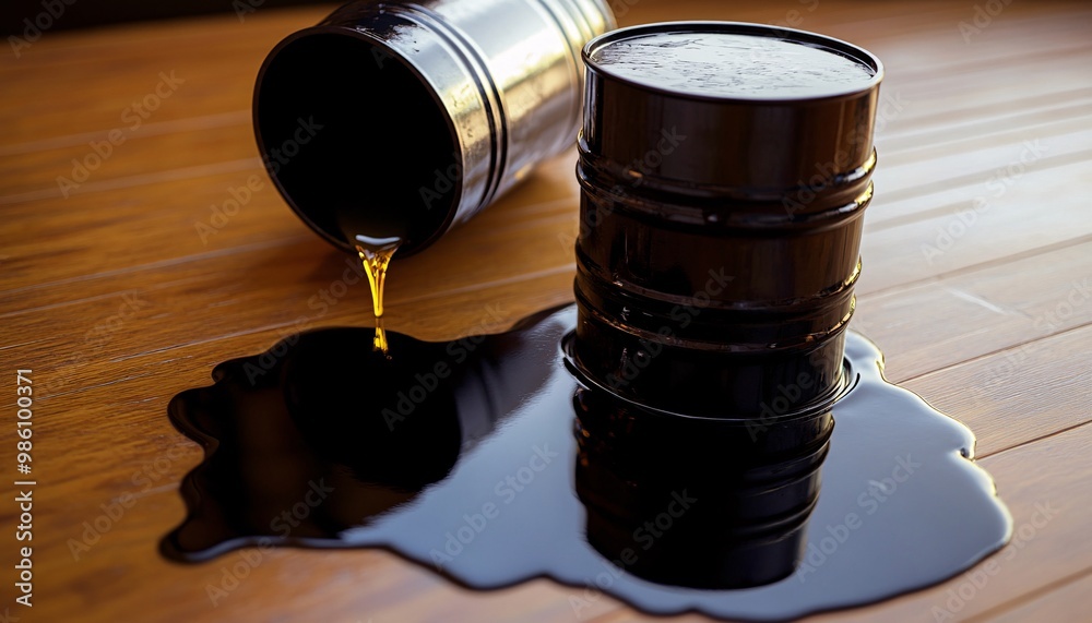 Spilled oil from a fallen barrel symbolizes environmental impact and ...