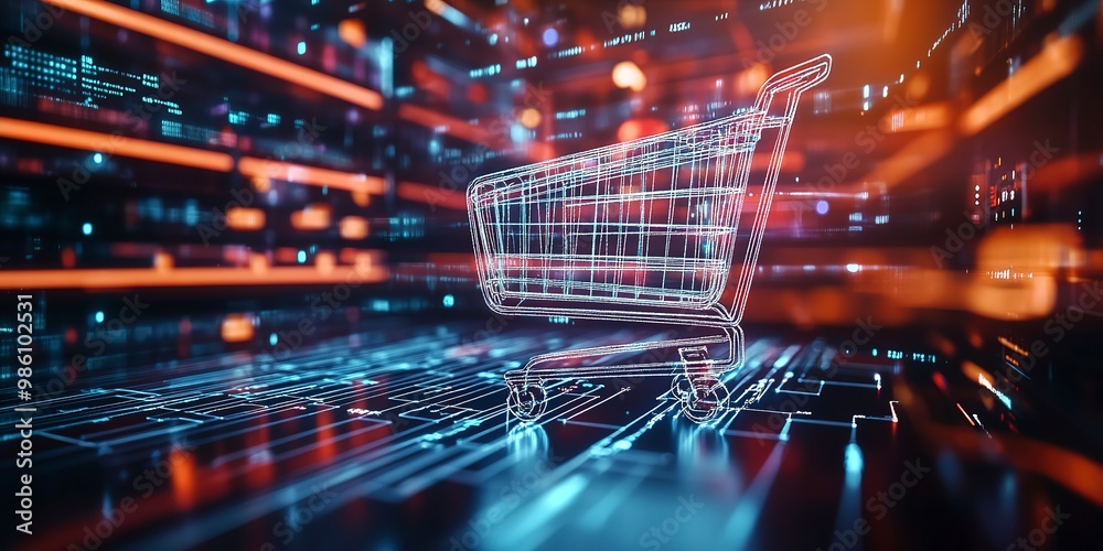 Shopping cart is on computer screen with many lines and bright colors ...