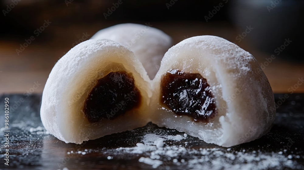 A close-up of a single daifuku mochi with a bite taken out, revealing ...
