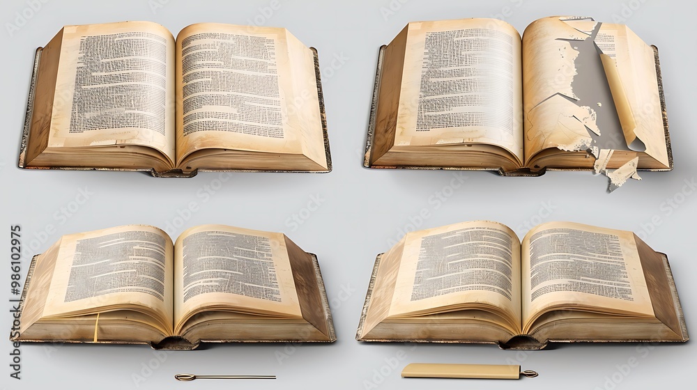 Book open and closed on transparent cutout, different angles, pages ...