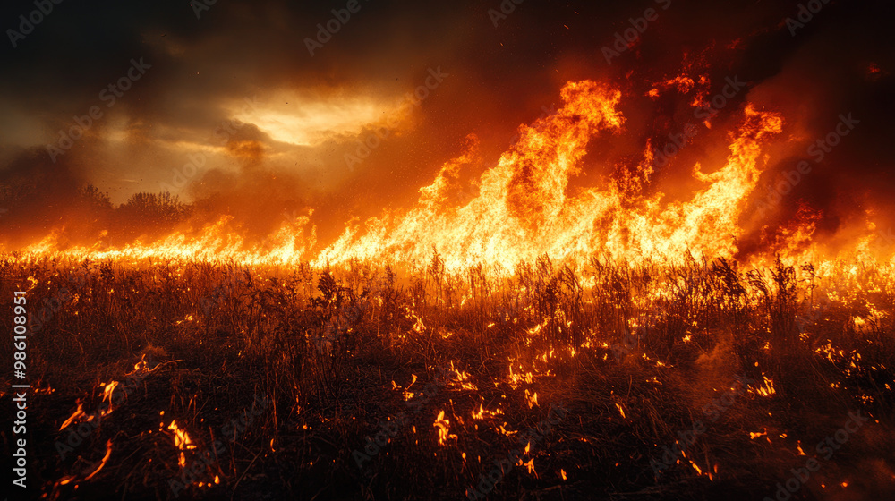 A wildfire sweeping through a dry grassland, with flames spreading ...