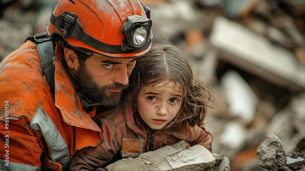 A close-up of a rescue worker helping a survivor through the rubble of ...