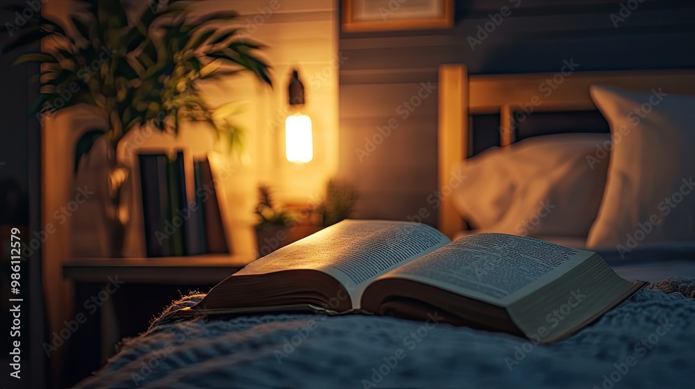An open book on a bedside table, with warm light from a nightstand lamp ...