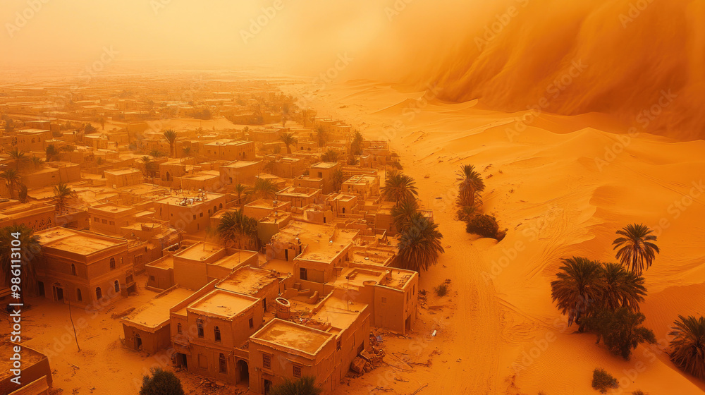 A desert town covered in a thick layer of sand after a sandstorm, with ...