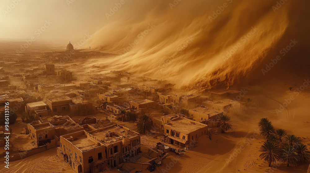 A desert town covered in a thick layer of sand after a sandstorm, with ...