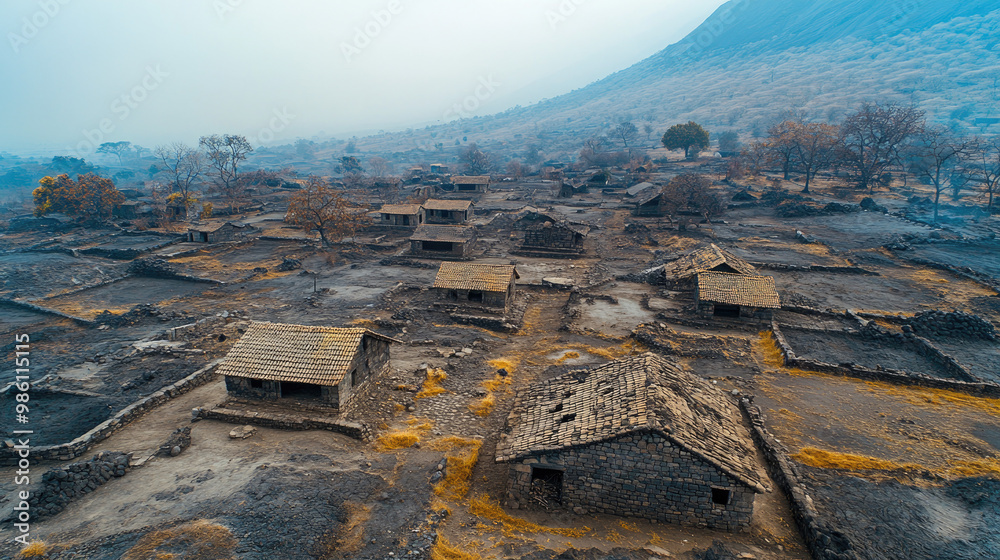 A village in a remote area completely buried under volcanic ash after ...